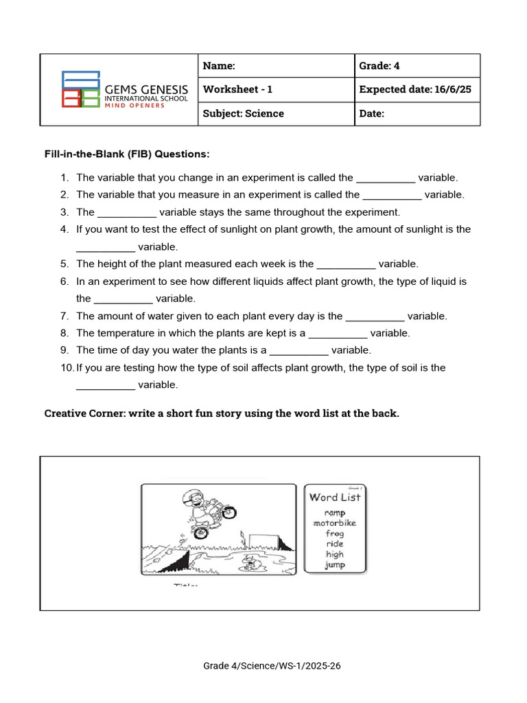 Grade 4 Science FIB Worksheet | PDF