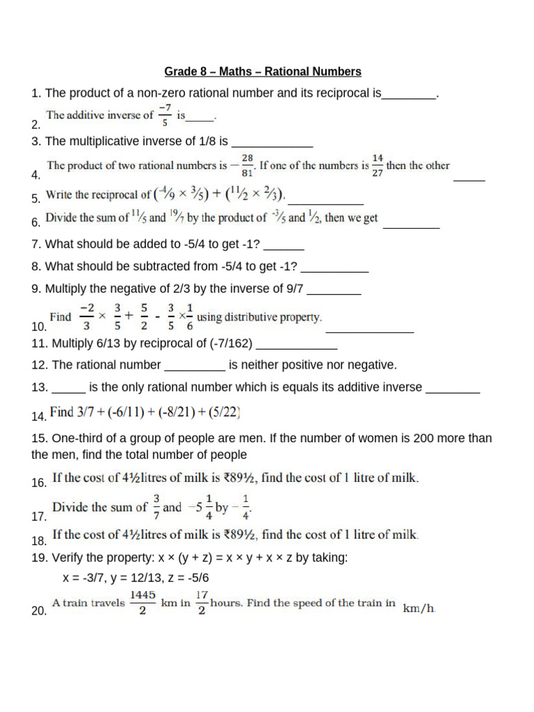 Grade 8 Rational Numbers Worksheet | PDF