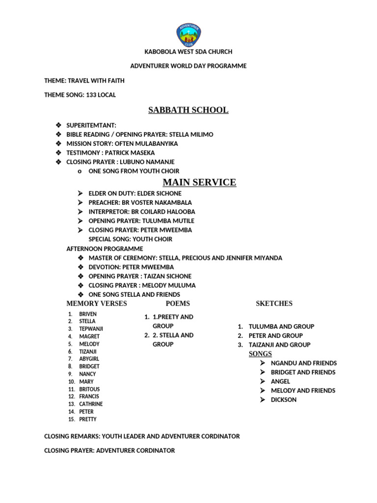 Kabobola West SDA Adventurer Day Program | PDF