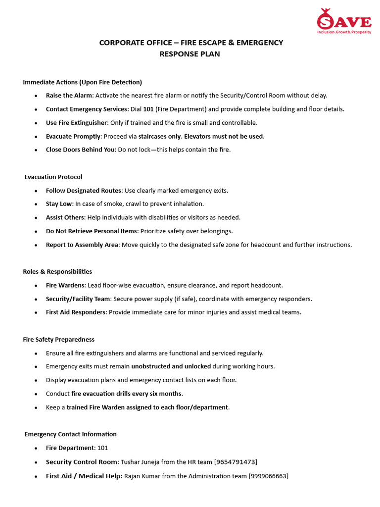 Corporate Office - Fire Escape & Emergency Response Plan | PDF
