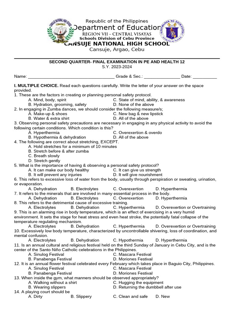 QUARTERLY EXAM EXAM IN PE Health12 Q2 | PDF | Healthy Diet | Dances