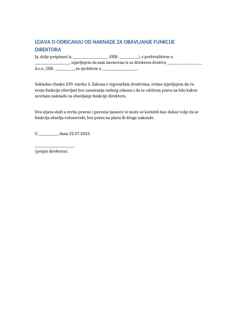 Izjava Odricanje Naknade Direktor | PDF