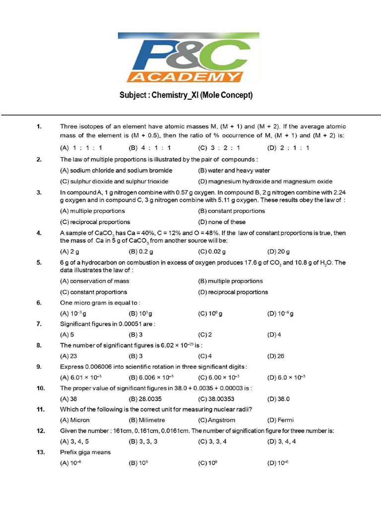 Che CPP-1 (Mole Concept) XI (21.07.2025) | PDF
