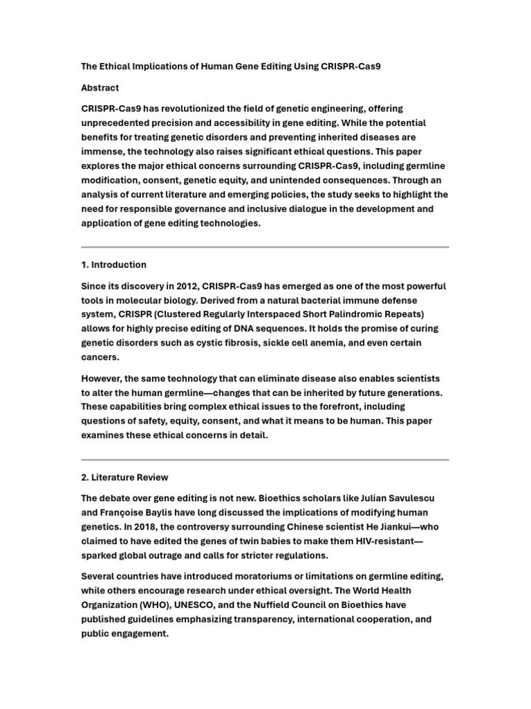 The Ethical Implications of Human Gene Editing Using CRISPR-Cas9 | PDF ...
