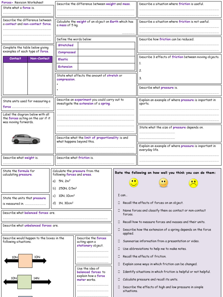 Year 7 Forces Revision Worksheet | PDF | Force | Weight