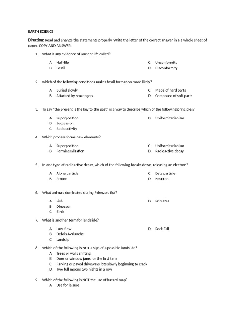 Earth Science Quiz: Fossils and Geology | PDF | Geologic Time Scale ...