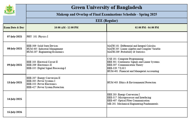 EEE-Regular-Final Makeup - Overlap Exam Schedule_Spr 25 | PDF