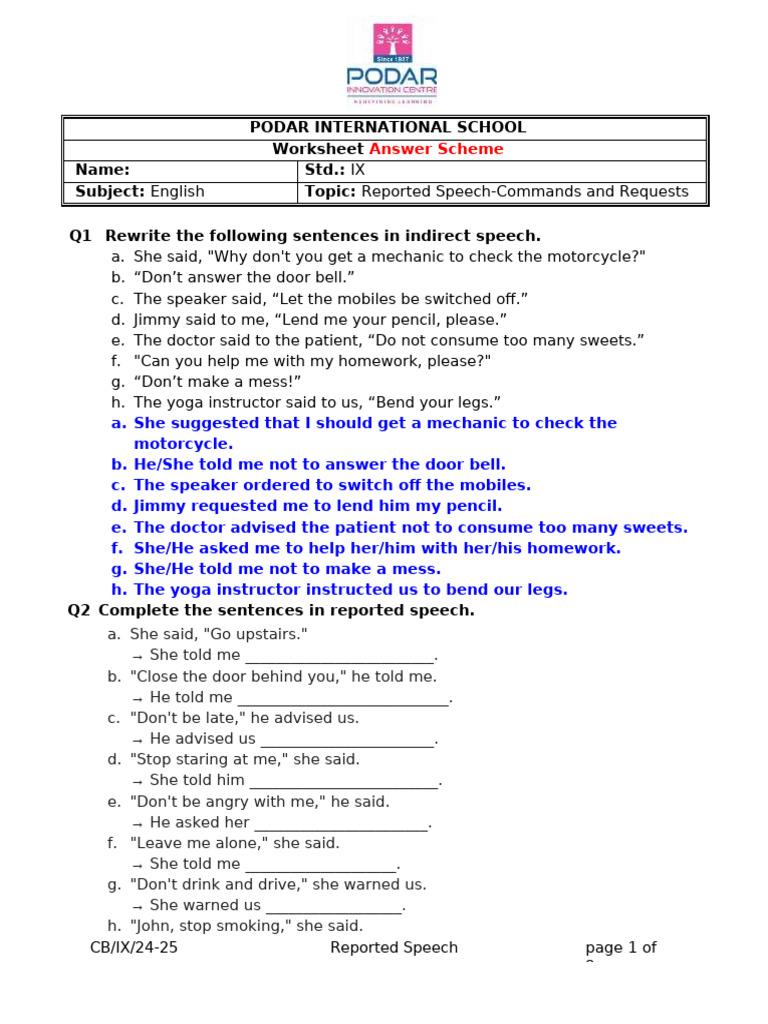 As WS CB IX Eng Reported Speech-Commands and Requests | PDF