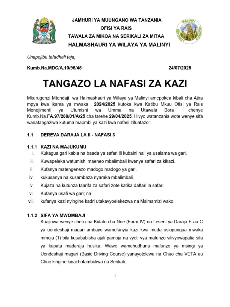 Tangazo La Kazi Halmashauri Ya Wilaya Ya Malinyi | PDF