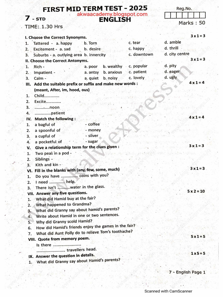 7Th English TPR 1st Mid Question Paper 2025 | PDF