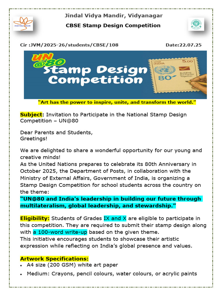 Cir 108 CBSE Stamp Competition For Students of Class IX & X | PDF