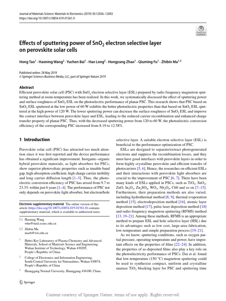 Effects of Sputtering Power of SnO2 Electron Selec | PDF | Sputtering | Atomic Force Microscopy