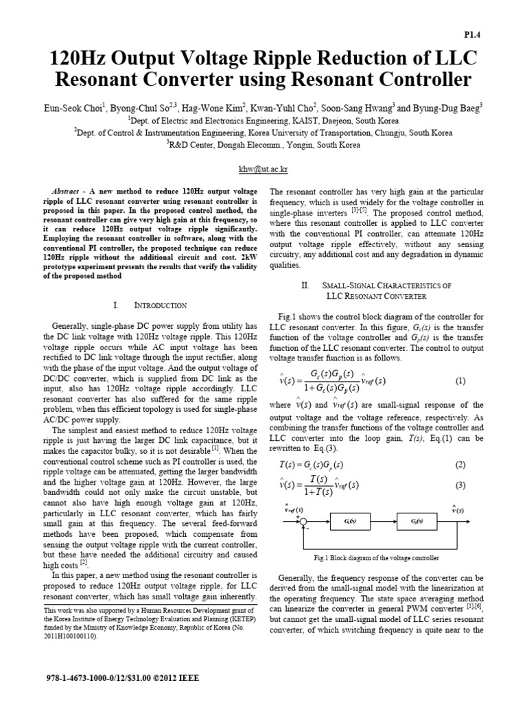 120Hz Output Voltage Ripple Reduction of LLC Resonant Converter Using Resonant Controller | PDF ...