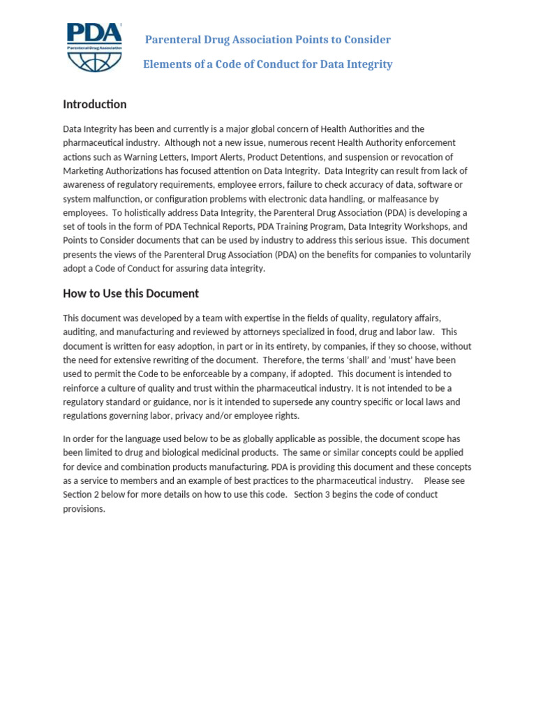 Data Integrity Code of Conduct Guide | PDF | Audit | Records Management