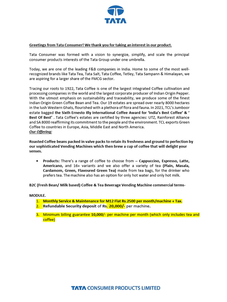 Tata My Bistro Quotation Proce Higway Hotel | PDF | Tea | Coffee