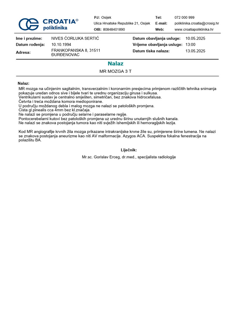 Nives Ćorluka Sertić - MR Mozga+Angiografija | PDF