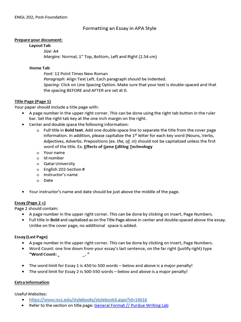 ENGL 202 APA Essay Formatting Guidelines For Final Essay Submission ...