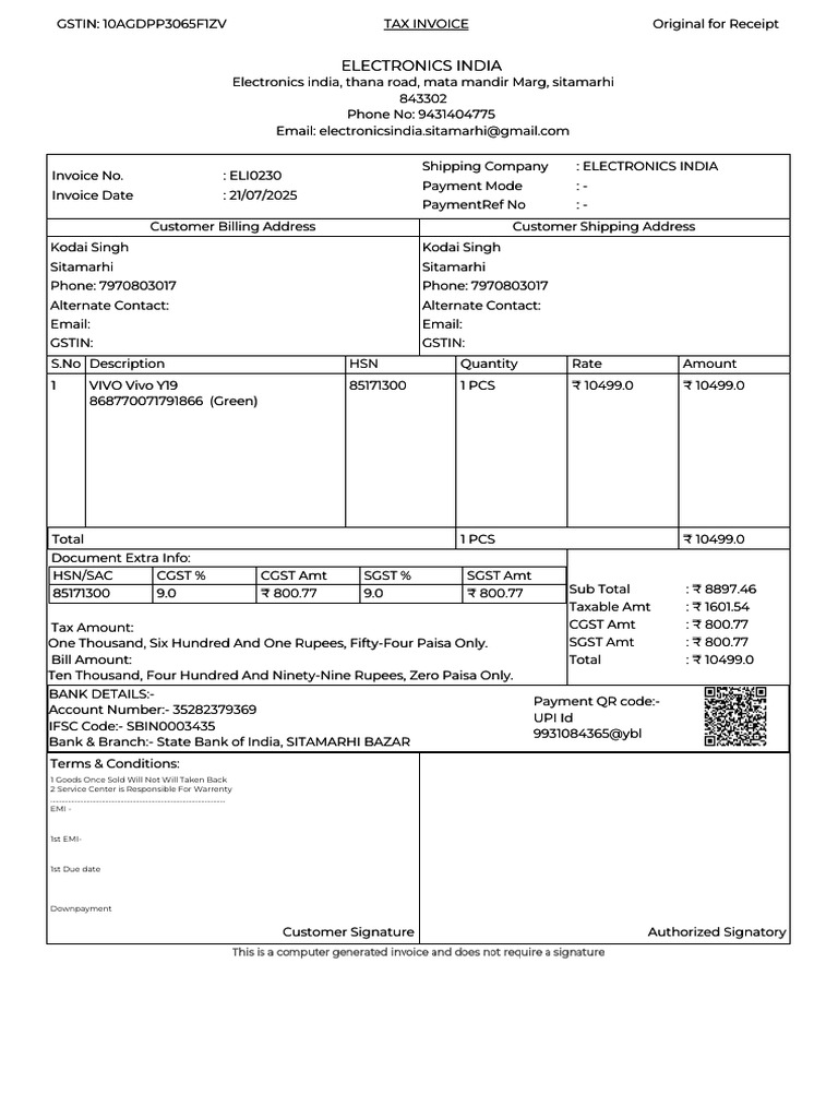 VIVO Y19 Invoice and HSN Code Details | PDF | Invoice | Taxes