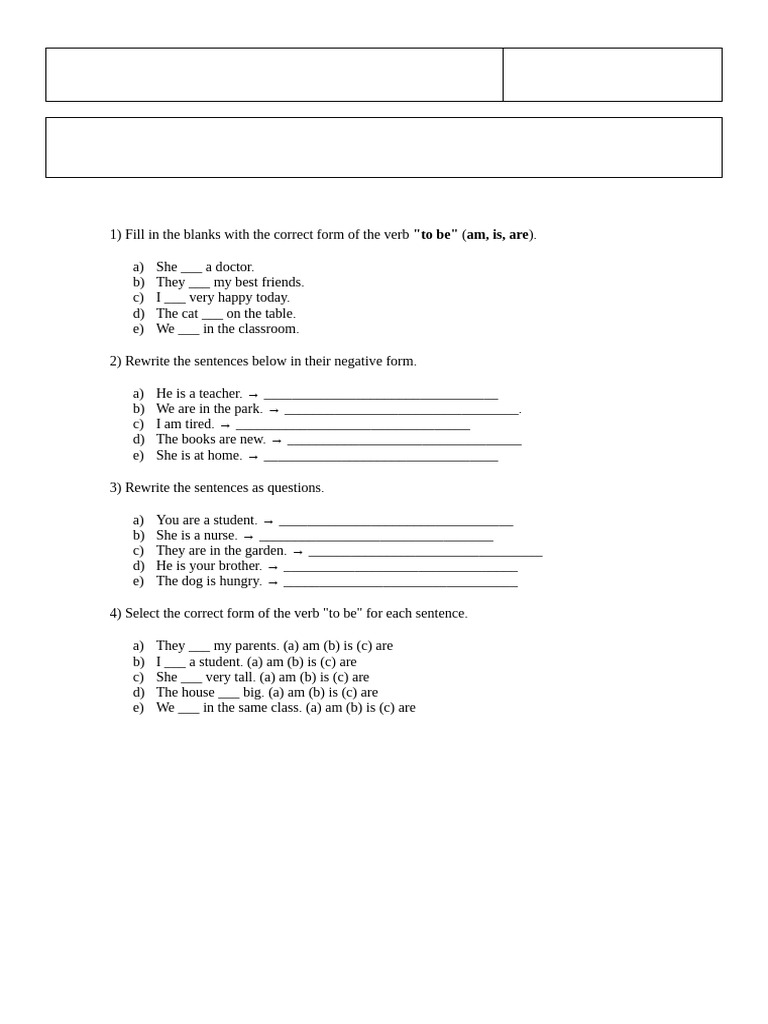 Ejercicios de Verbo "To Be" 3° Año | PDF