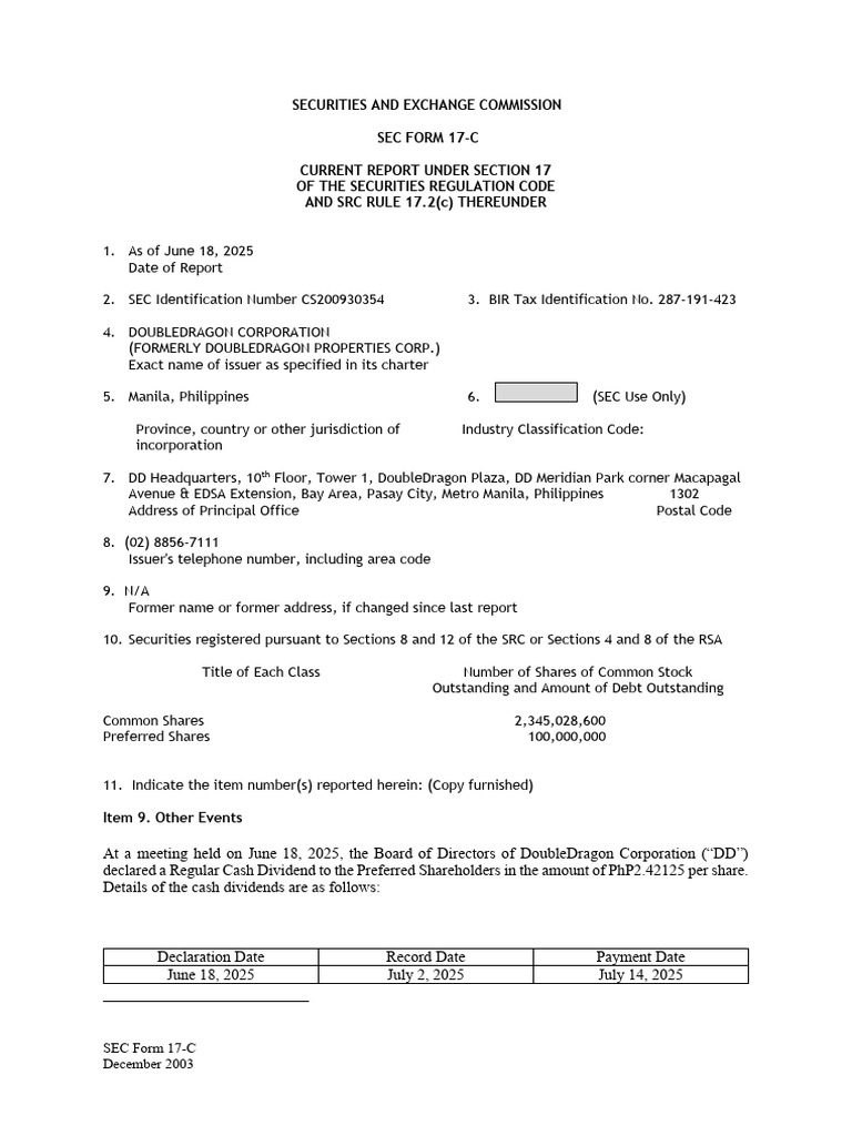 SEC 17-C Form DD Declaration of DIvidends | PDF | Securities (Finance ...