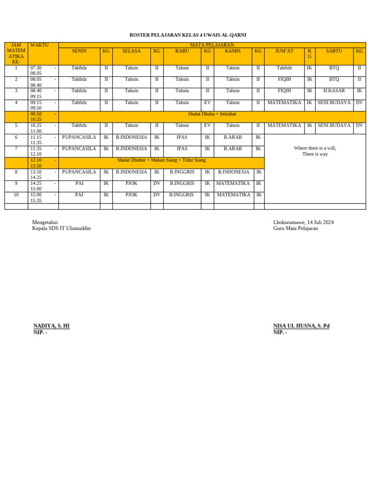 Roster Pelajaran Kelas 4 Uwais | PDF