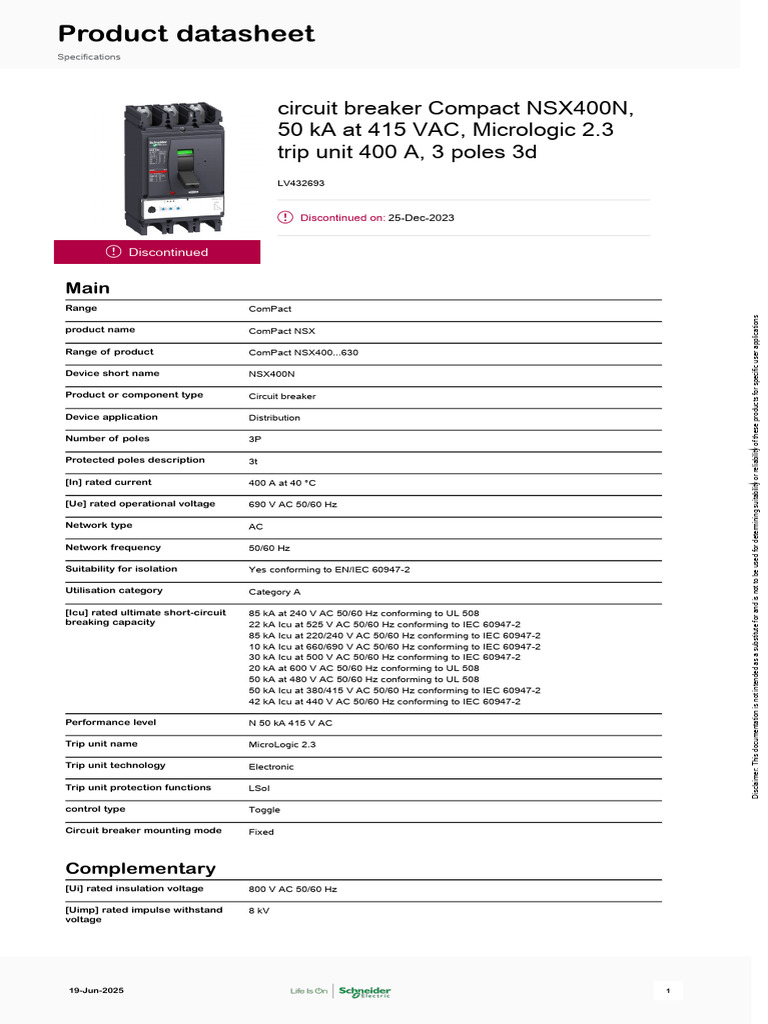 Schneider Electric Compact-NSX-630A LV432693 | PDF | Alternating Current | Electricity