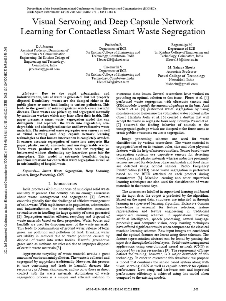 Visual Servoing and Deep Capsule Network Learning For Contactless Smart Waste Segregation | PDF ...