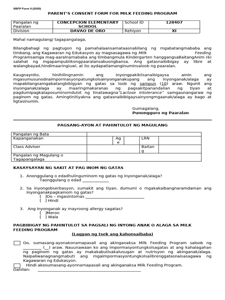 SBFP Form 9 Parents Consent Form For Milk Feeding Program | PDF