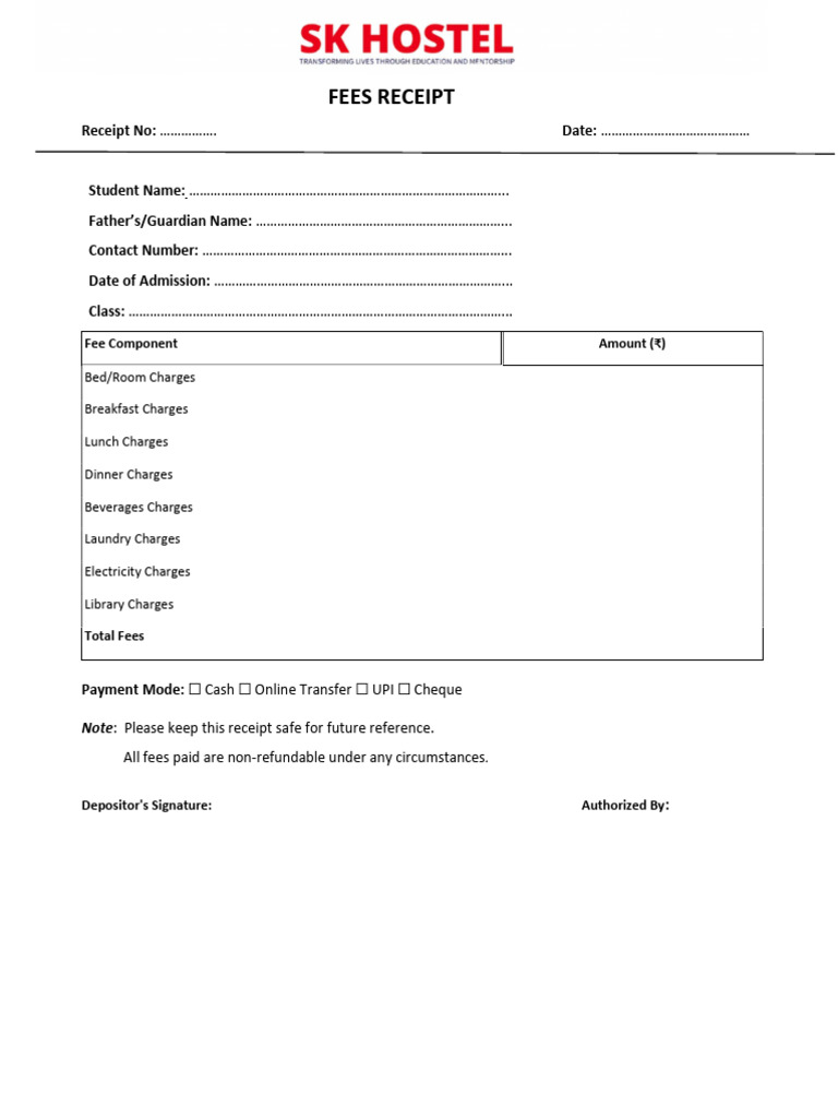 Hostel Fee Receipt Template | PDF