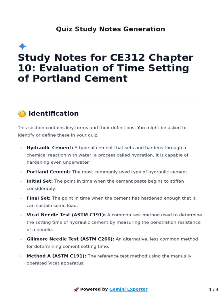 Chap 10 - Quiz Study Notes Generation | PDF | Cement | Concrete