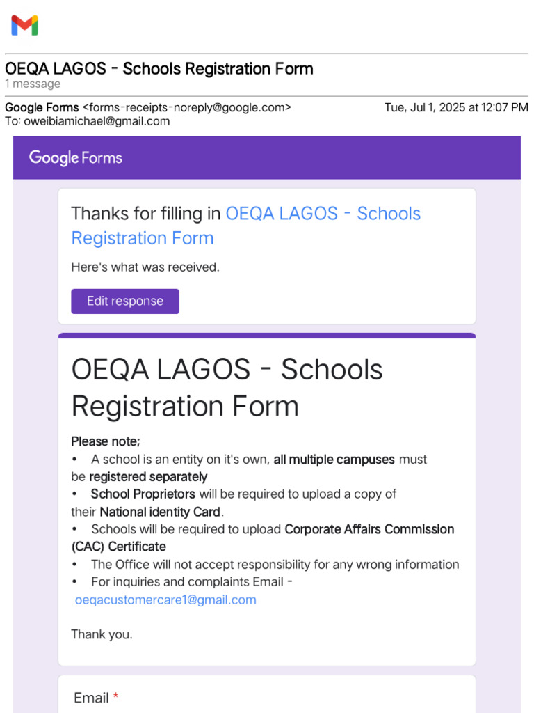 OEQA Lagos School Registration Form | PDF | Sole Proprietorship