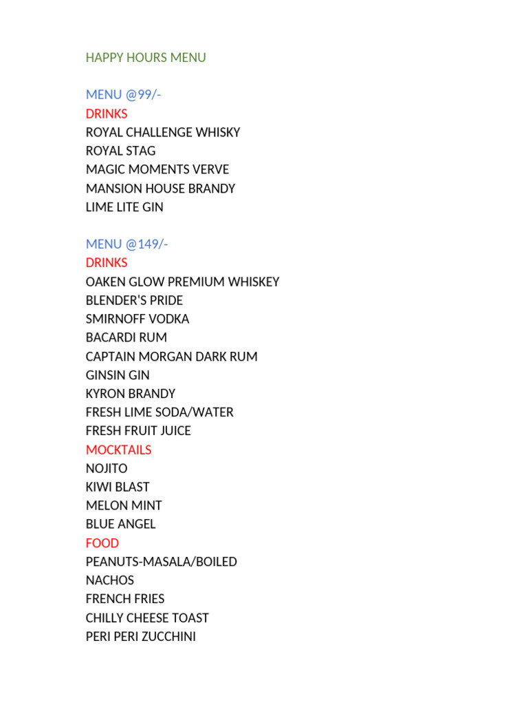 Eldoret Happy Hours Menu Overview | PDF