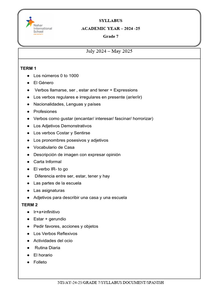 Final Syllabus Grade 7 Spanish | PDF