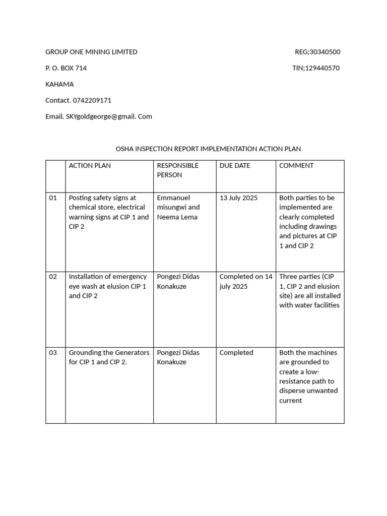Osha Inspection Report Implementation Action Plan | PDF