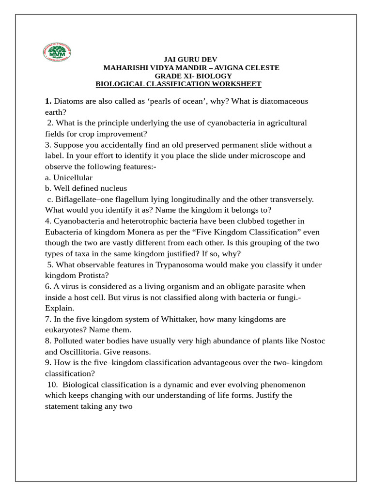 Biological Classification Worksheet XI | PDF