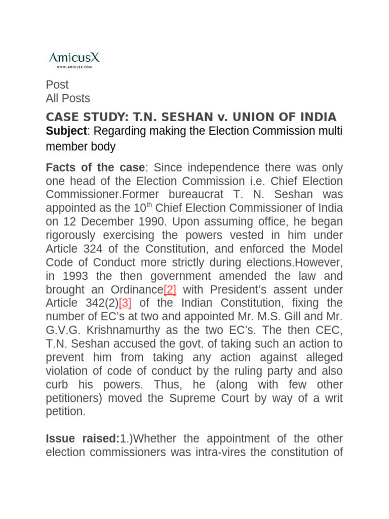 T.N. Seshan vs. Union of India Case Study | PDF | Supreme Court Of ...