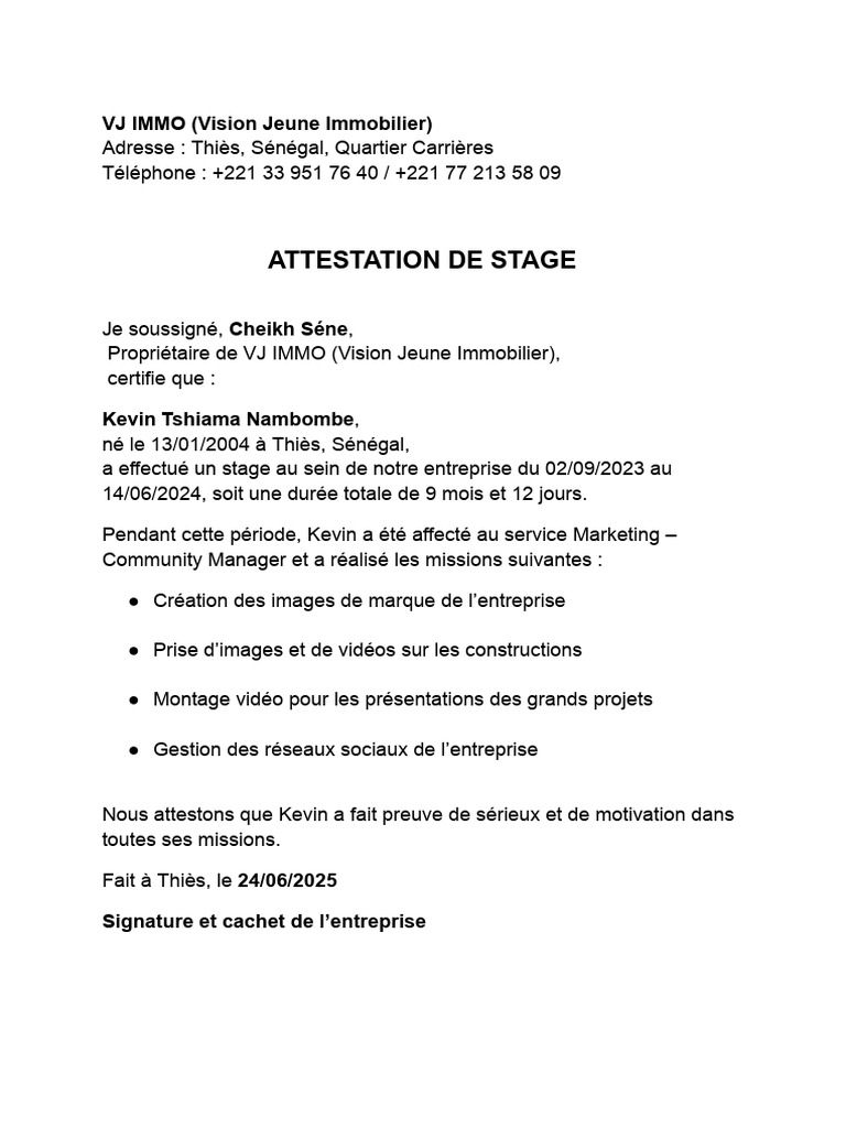 Attestation de stage de Kevin Tshiama | PDF