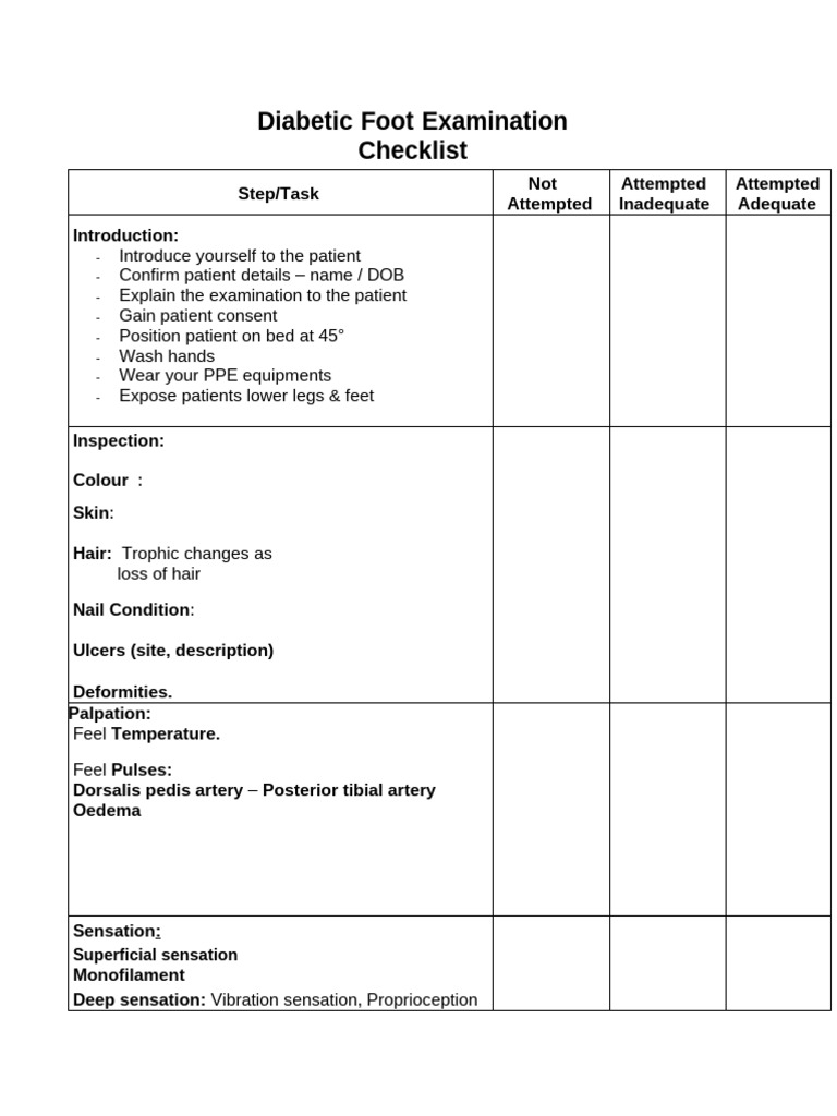 Diabetic Foot Exam Checklist