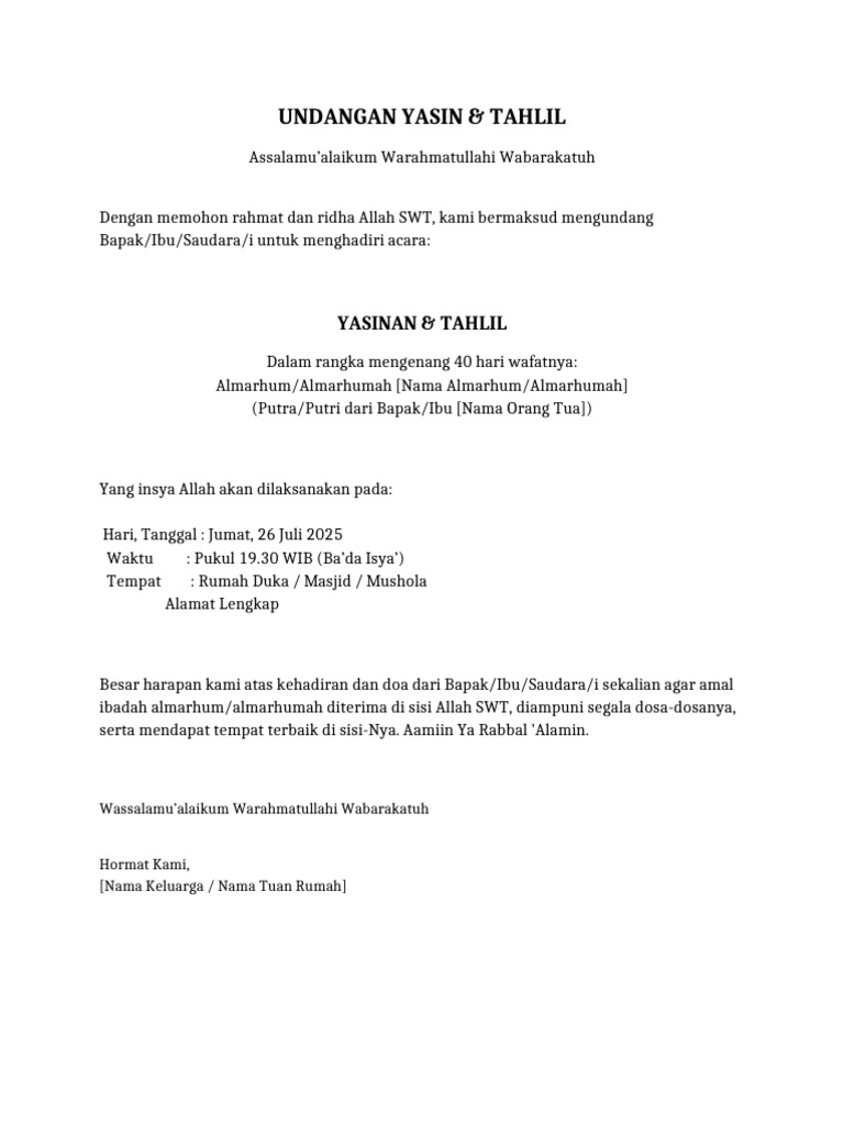 Undangan Yasin dan Tahlil 40 Hari | PDF