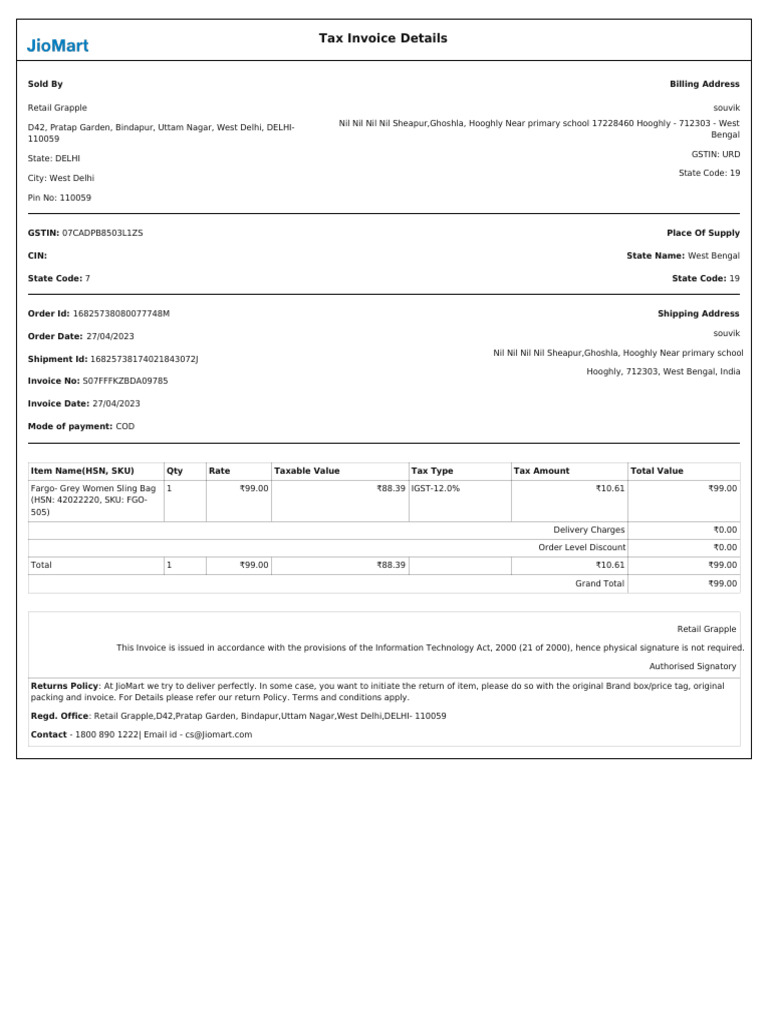 Invoice for Fargo Grey Women Sling Bag | PDF | Invoice | Economies