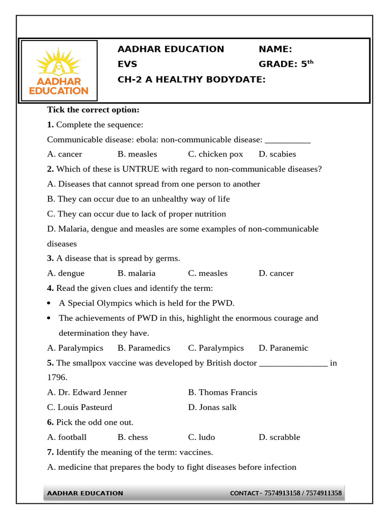 Ch-2 Evs Class 5 Mix Paper | PDF | Infection | Diseases And Disorders