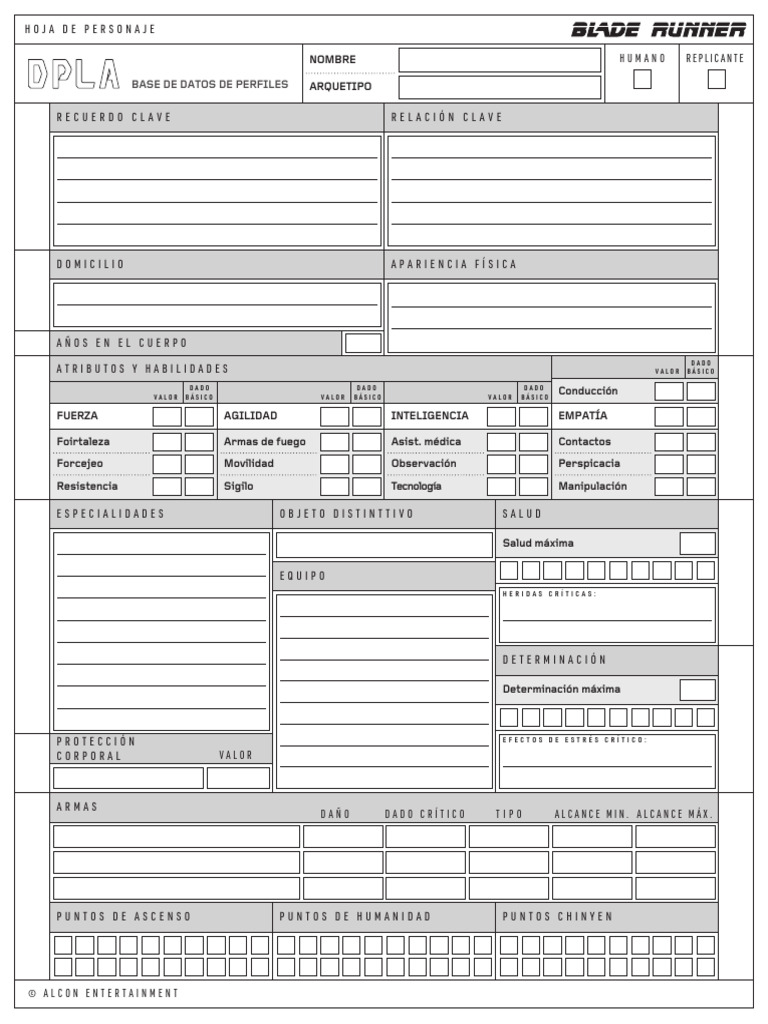 Blade Runner Character Sheet Printer Friendly | PDF