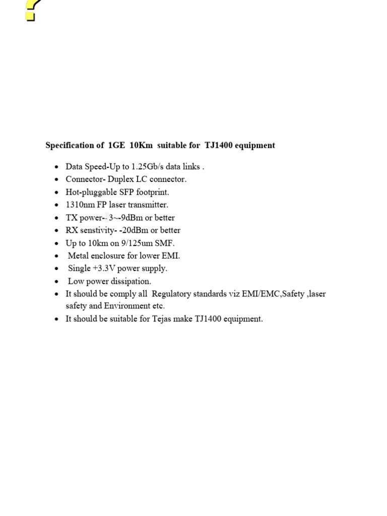 Specification of 1GE 10Km Suitable For TJ1400 Equipment | PDF