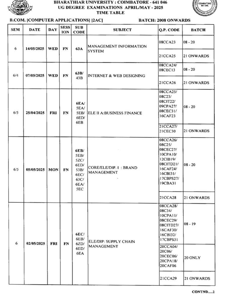 Bcom CA Time Table | PDF