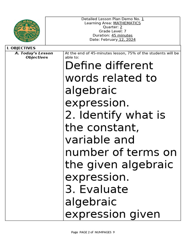 Detailed Lesson Plan Demo | PDF | Polynomial | Numbers