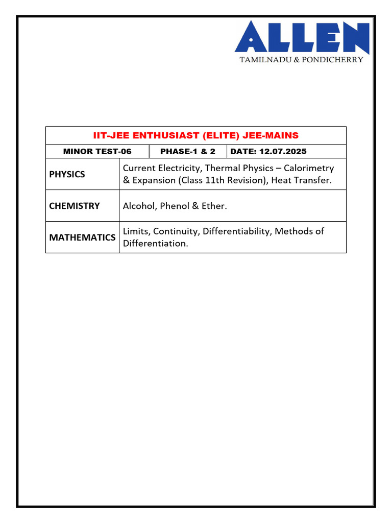 FC-IIT-Enthusiast (Elite) Phase-1 & 2 MT-06 12-07-2025 | PDF | Heat ...