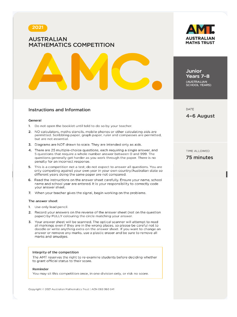 2021 Junior AMC - Question and Answer | PDF