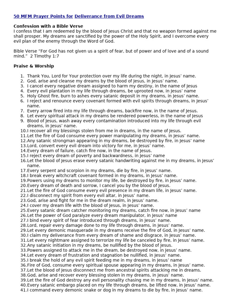 50 MFM Prayer Points For Deliverance From Evil Dreams | PDF | Jesus | Deliverance Ministry