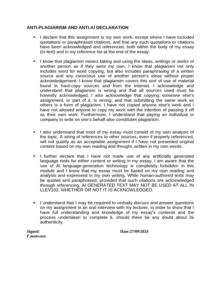 Declaration Against Plagiarism | PDF | Plagiarism | Essays