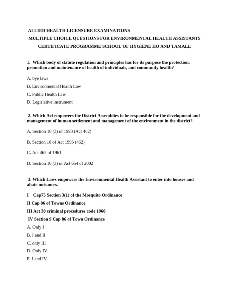 Environmental Health Assistant Exam Questions | PDF | Waste | Glucose